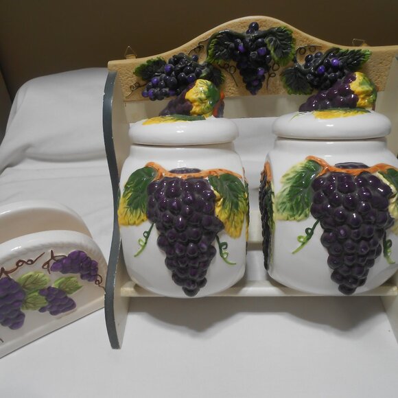 Unique Vintage | Kitchen | Vtg 2 Grape Ceramic Canisters W Lids Wooden ...